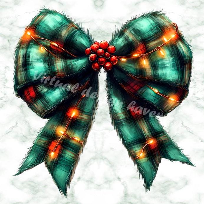 Christmas Green Plaid Bow Clipart Set, Festive Holiday Bow With Lights ...