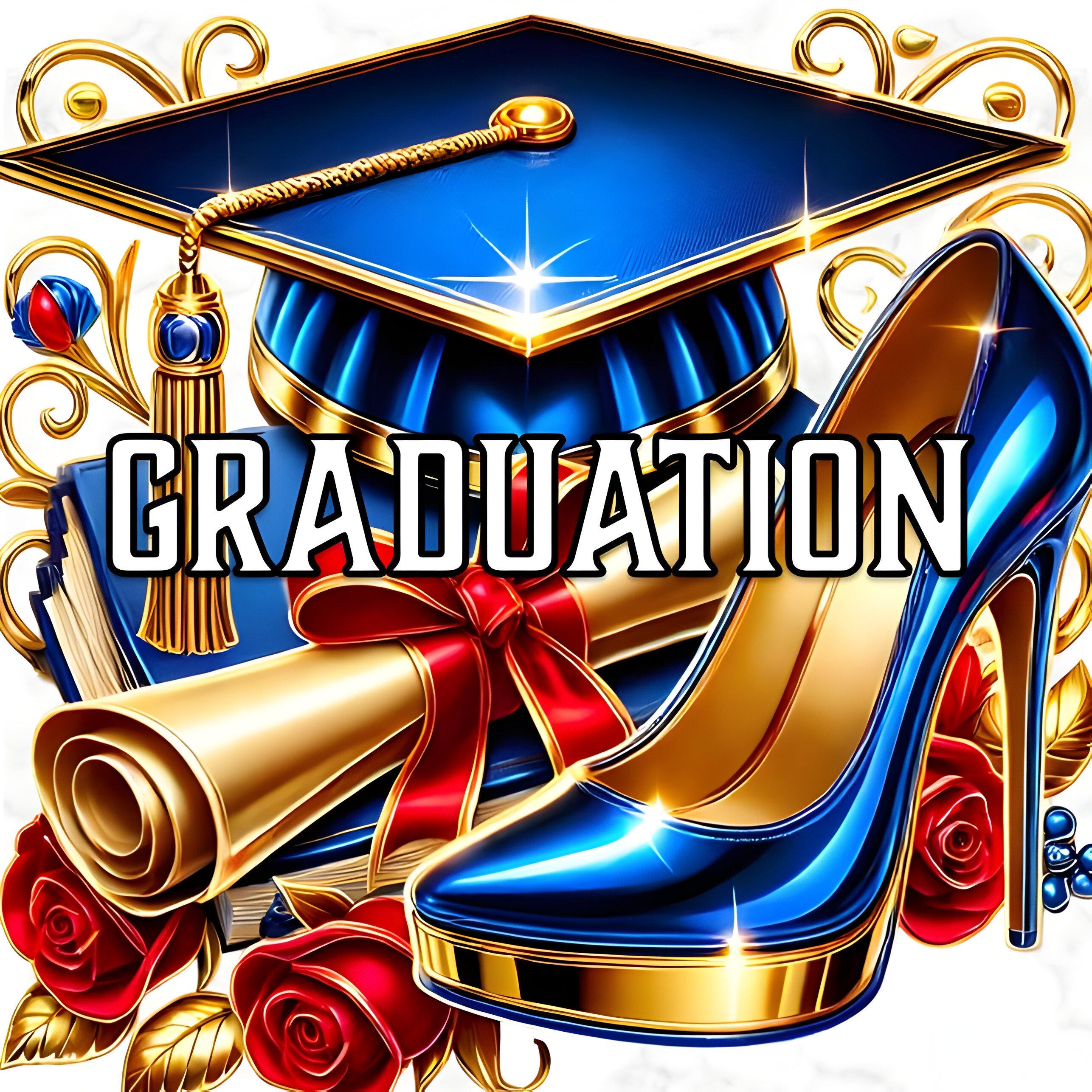 Graduation Clipart Bundle, 20 Blue Gold Cap Heels PNG, Elegant Graduate ...
