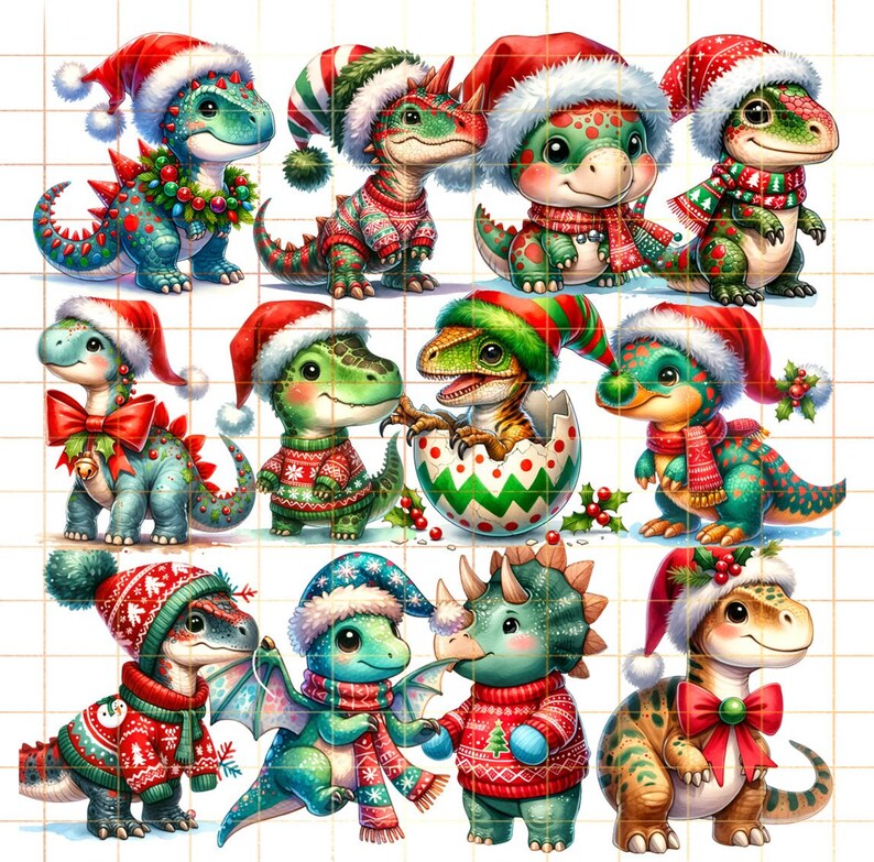Christmas Dino Clipart Bundle, Watercolor Festive Winter Dinosaur PNG ...