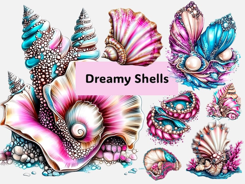 Iridescent Shells Clipart: Blue Pink Sea Life PNG (commercial Use) - Etsy