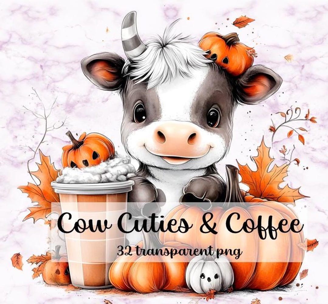 Watercolor Fall Cow Clipart: Coffee and Pumpkins (32 PNG Digital ...
