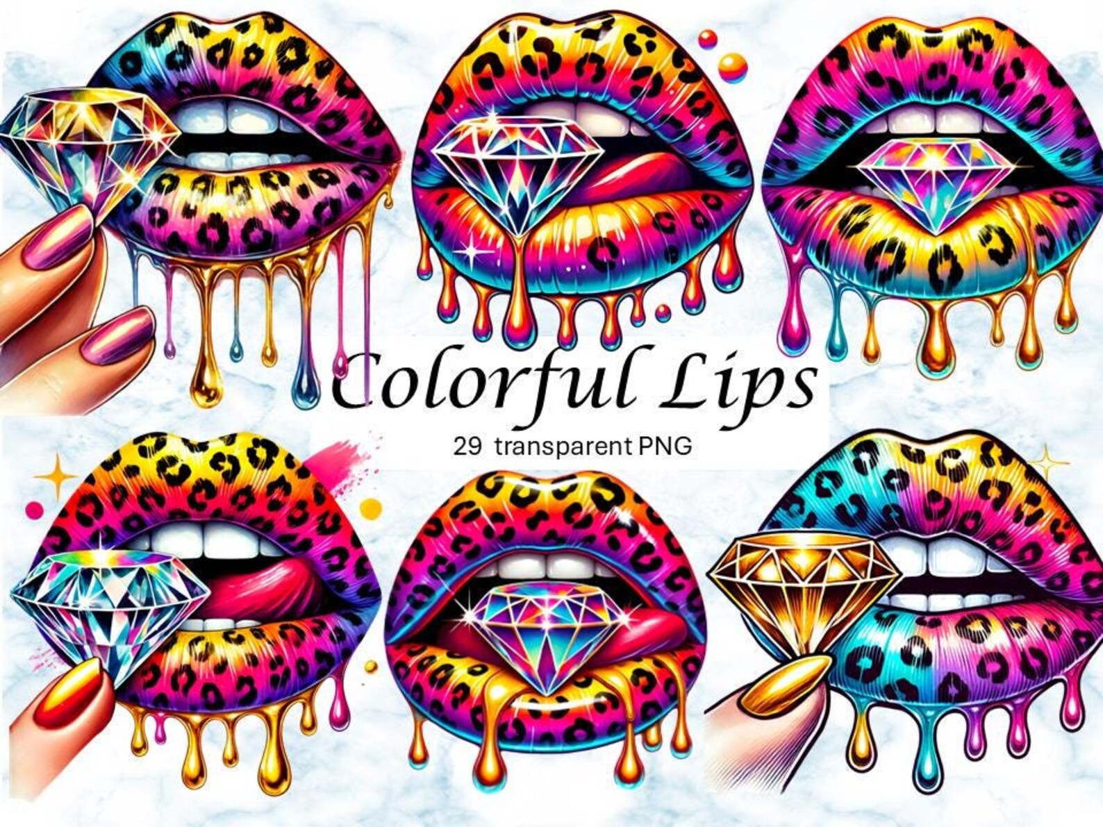 Rainbow Leopard Lips Clipart Bundle | Vibrant Watercolor Dripping Lips ...