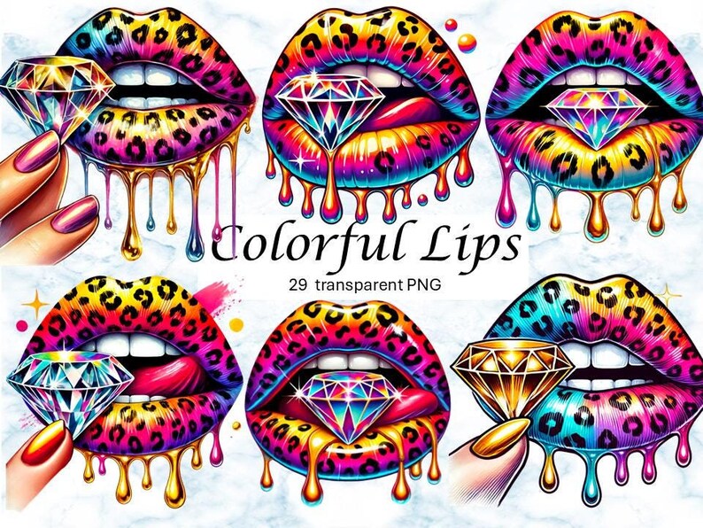 Rainbow Leopard Lips Clipart Bundle | Vibrant Watercolor Dripping Lips ...