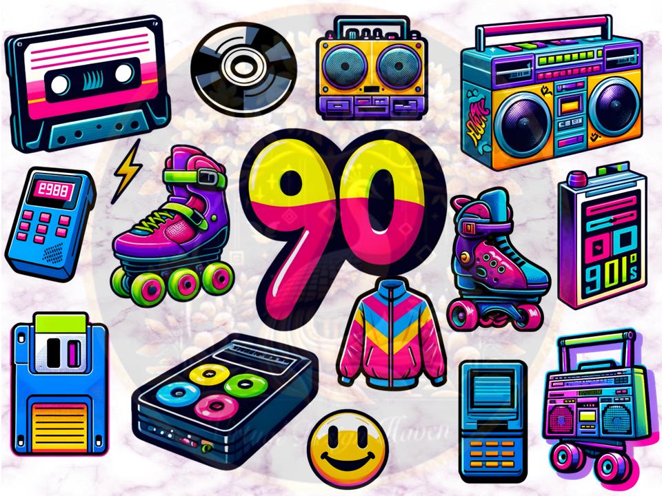 90's Retro Nostalgia Clipart, 80s 90s Digital Icons, Neon 90s Digital ...