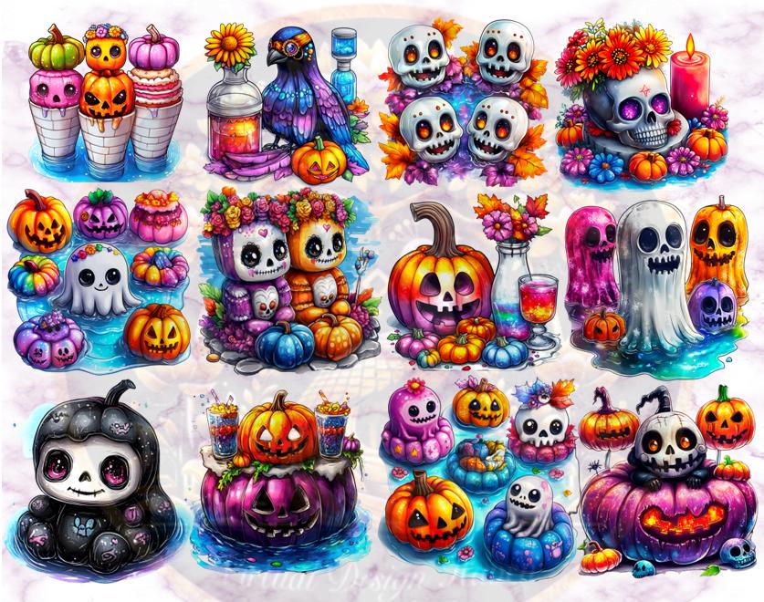 Colorful Halloween Clipart Set, Kawaii Spooky Graphics, Digital ...