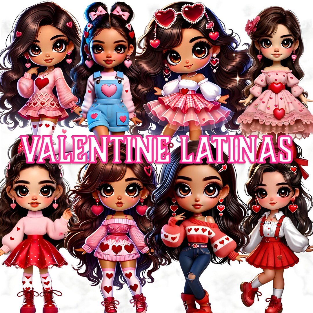 35+ Valentine Latina Girl Clipart Cute Digital Pngs in Pink and Red ...