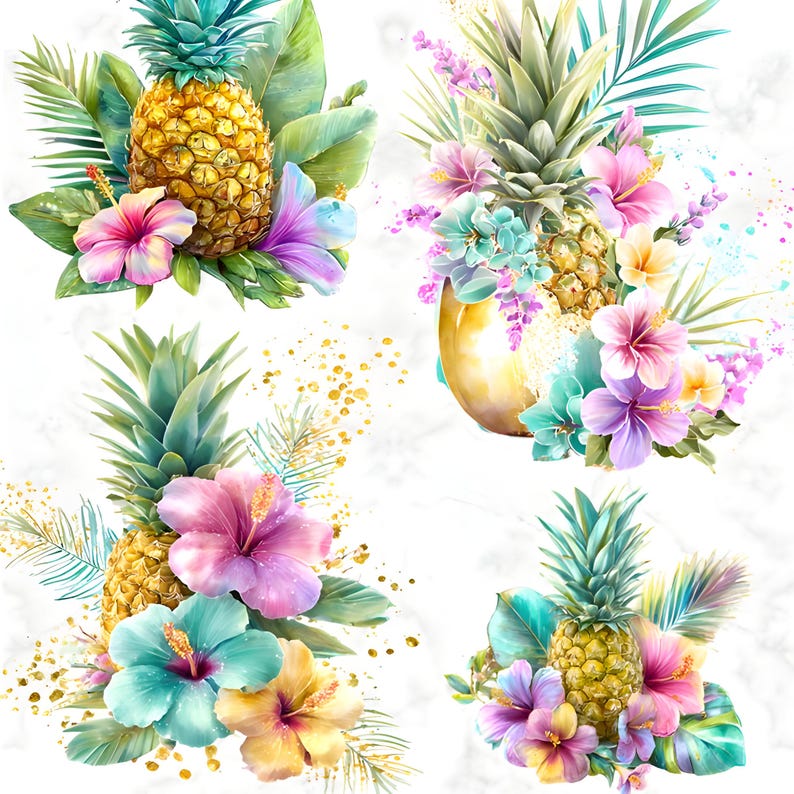 Watercolor Pineapple Clipart Bundle: Tropical Flowers PNG (digital ...