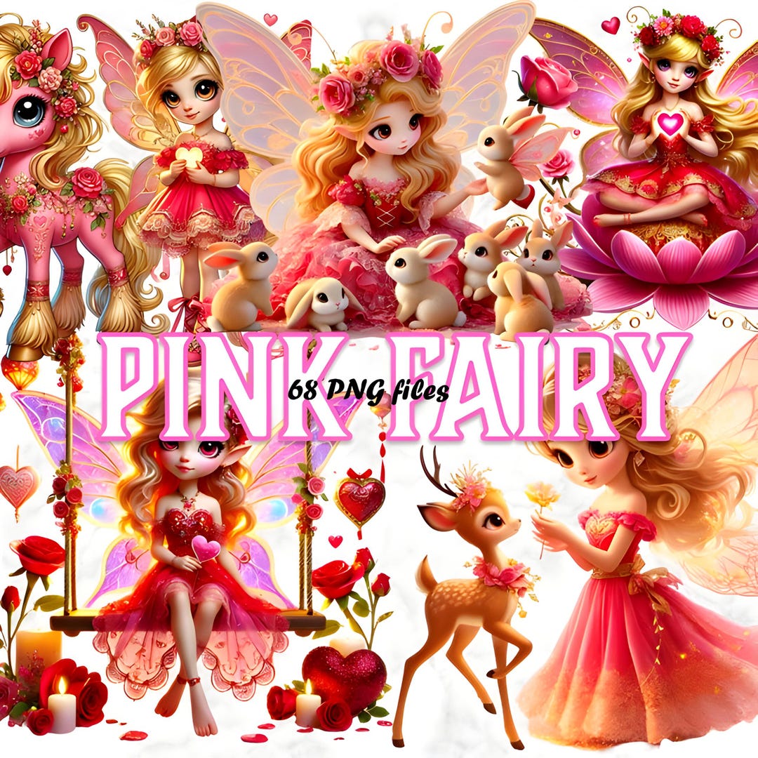 Valentine Fairy Clipart: Whimsical Red & Pink PNG Graphics (commercial ...