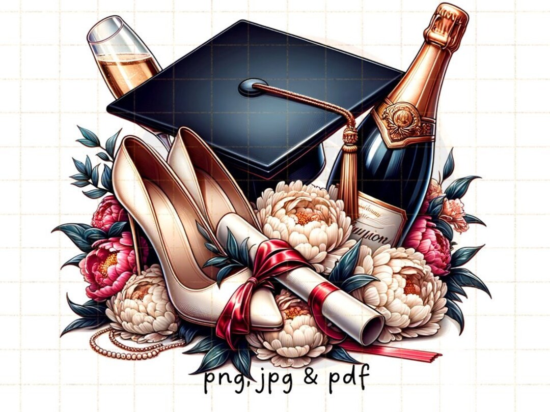 White Graduation Clipart, Grad Cap High Heels Champagne Floral ...