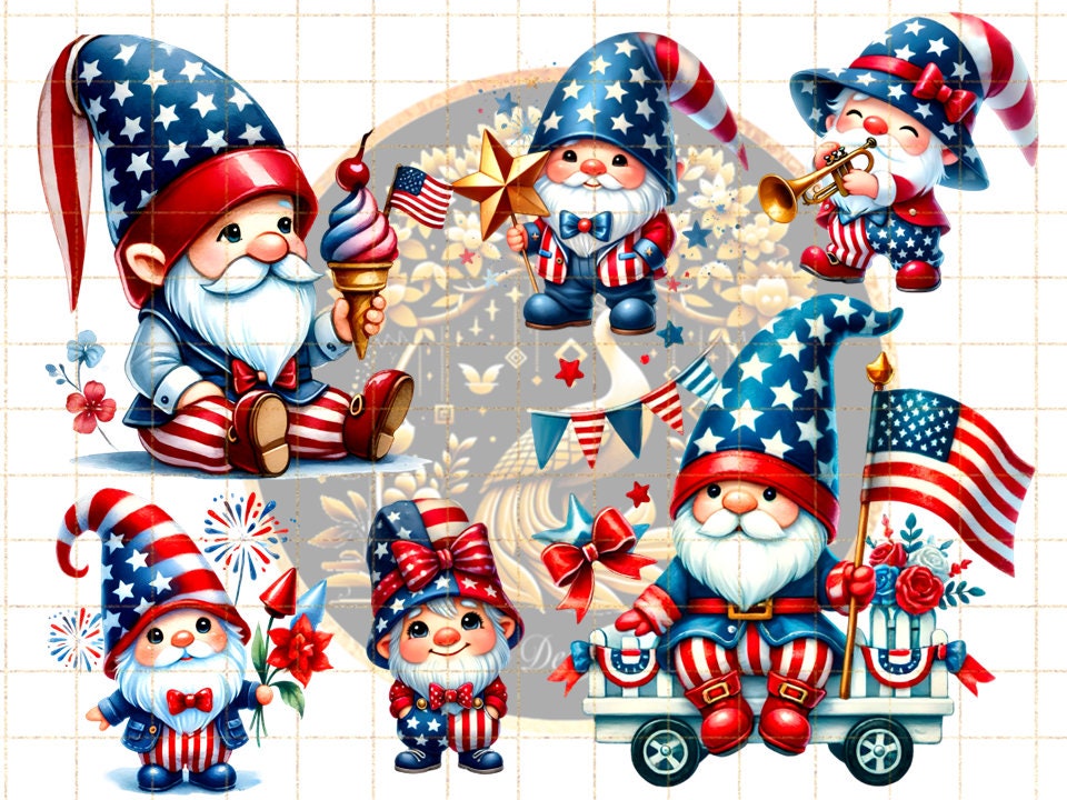 4th of July Gnomes, Watercolor American Gnomes PNG, Patriotic Gnomes ...