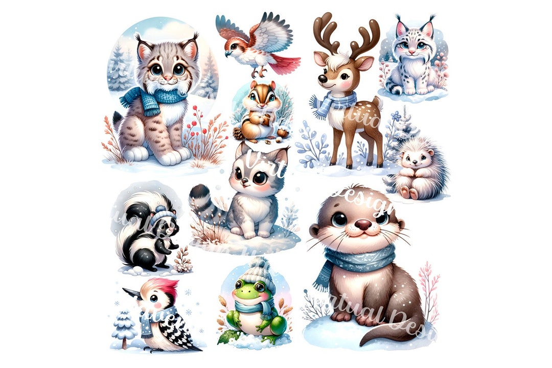 Winter Forest Animal Clipart Bundle, Snow Time Cute Animals 100+ PNG ...