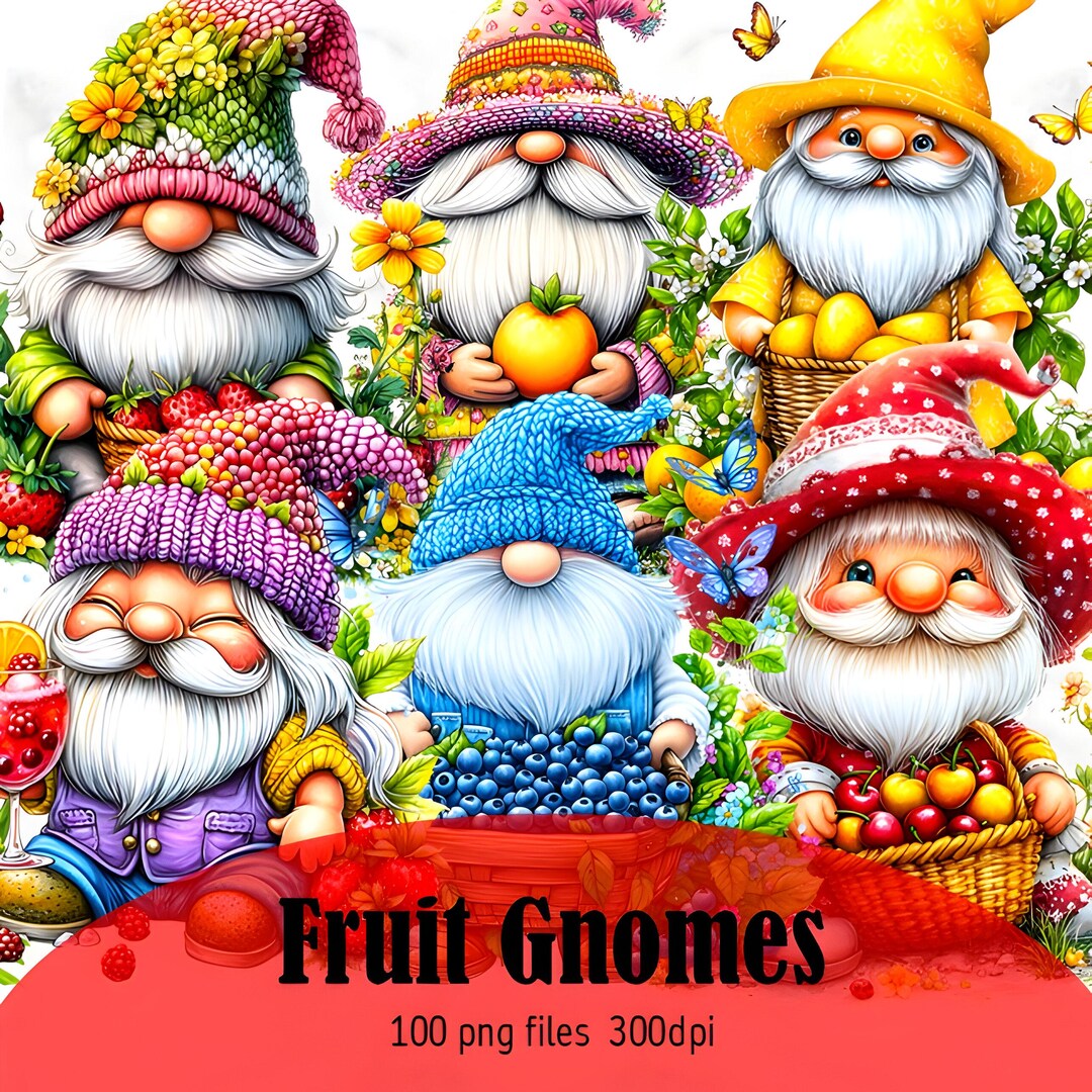 Watercolor Fruit Gnomes Clipart: 100 PNG Illustrations (digital ...