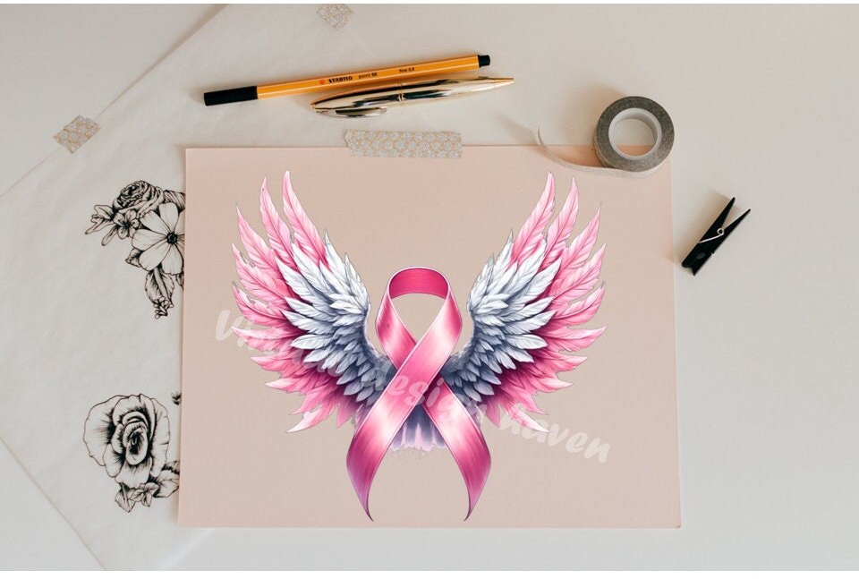 Breast Cancer Awareness Clipart,pink Ribbon Wings, Sublimation Graphics ...