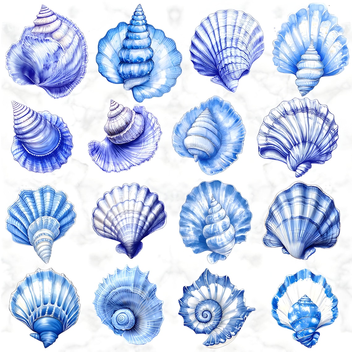 Watercolor Blue Seashell Clipart: Nautical PNG Set (digital Download ...