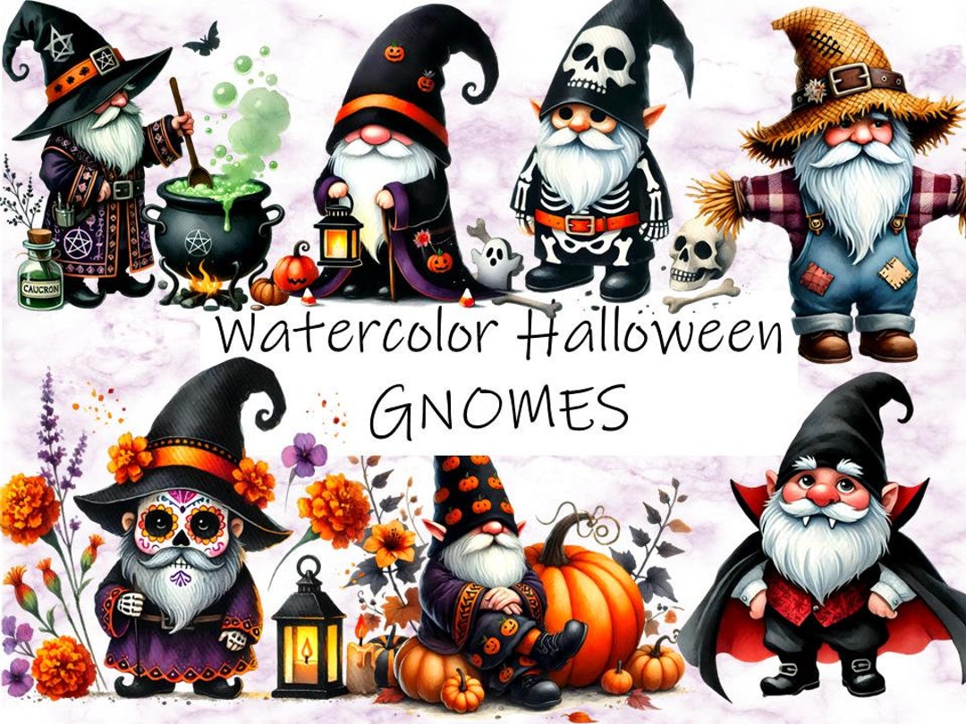 Watercolor Halloween Gnomes Clipart Set, Spooky Cute Graphic, Digital ...