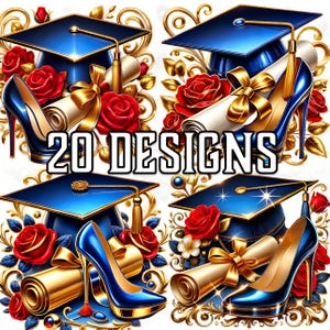 Graduation Clipart Bundle, 20 Blue Gold Cap Heels PNG, Elegant Graduate ...