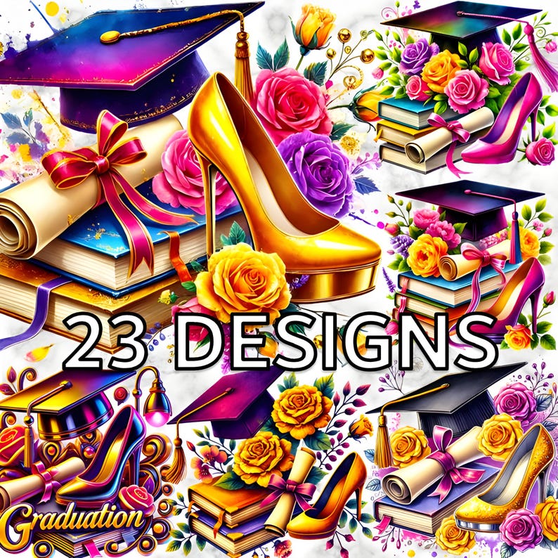 Watercolor Graduation Clipart Bundle: Caps, Heels, Diplomas (digital ...