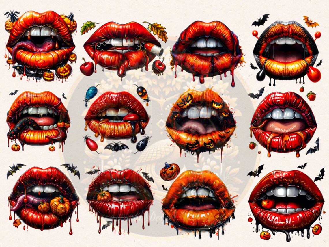 Halloween Lips Clipart: Spooky Spider, Bats & Pumpkin Designs (PNG ...