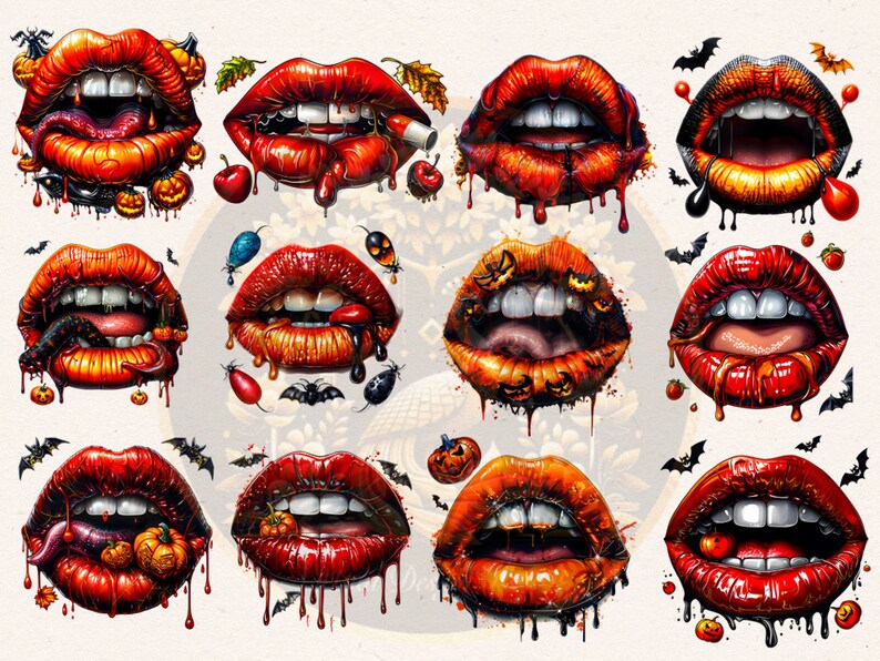 Halloween Lips Clipart: Spooky Spider, Bats & Pumpkin Designs (PNG ...