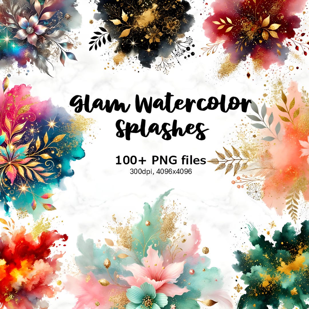 Watercolor Splashes Clipart: Gold Glitter Ink Strokes (PNG Digital ...