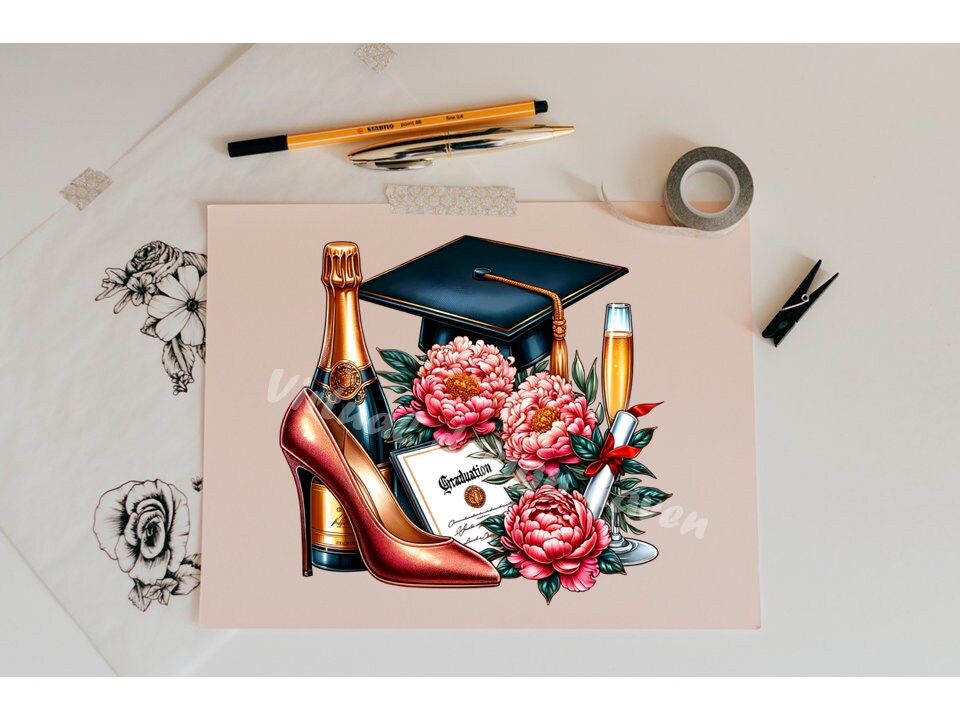 Graduation Glam Clipart, Luxurious Digital Art, Grad Hat Diploma High ...
