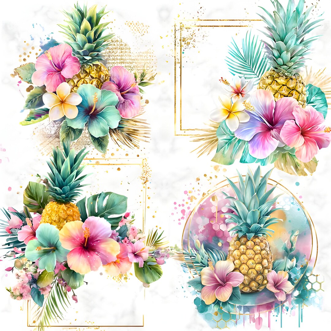 Watercolor Pineapple Clipart Bundle: Tropical Flowers PNG (digital ...