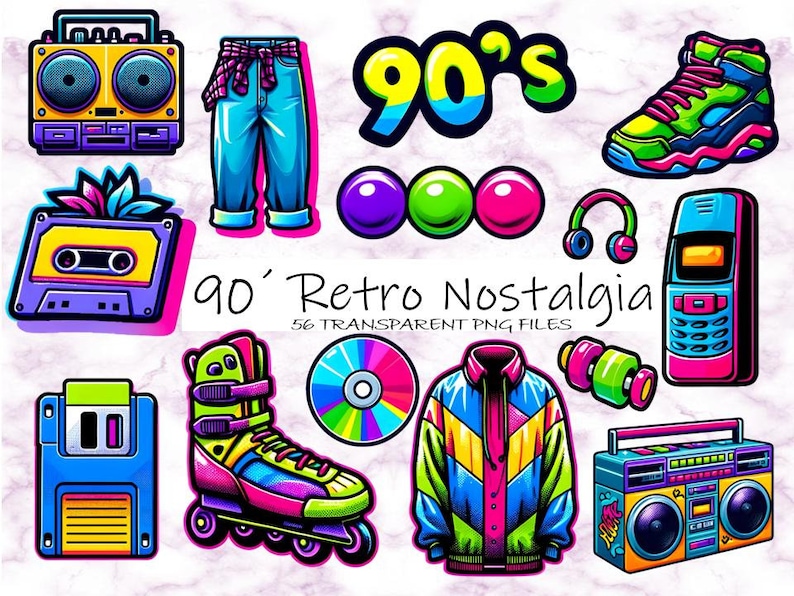 90's Retro Nostalgia Clipart, 80s 90s Digital Icons, Neon 90s Digital ...