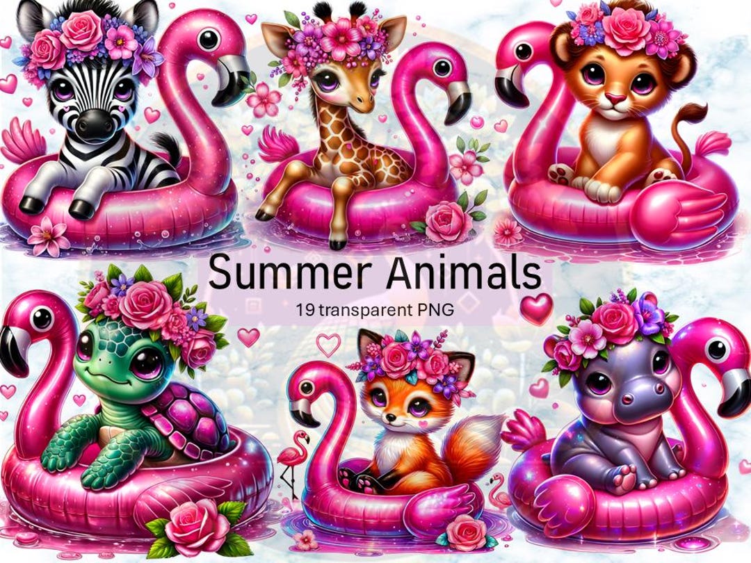 Summer Animals With Flamingo Floaties Clipart, Cute Giraffe Lion ...
