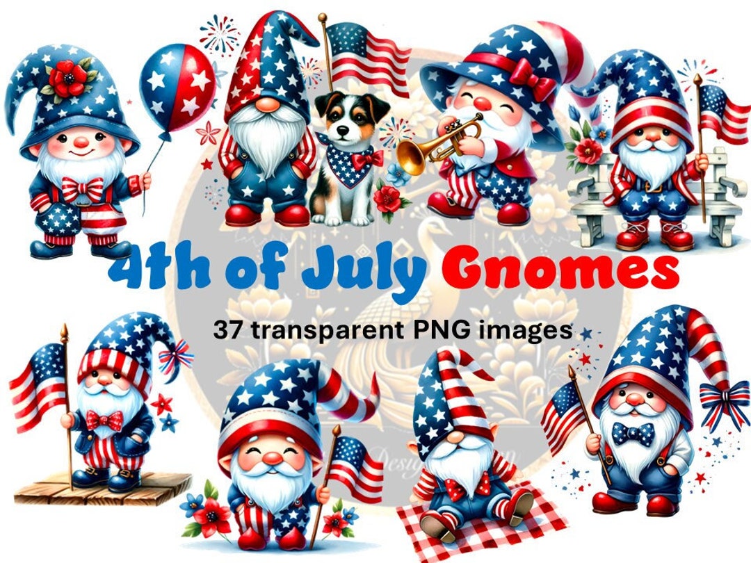 4th of July Gnomes, Watercolor American Gnomes PNG, Patriotic Gnomes ...