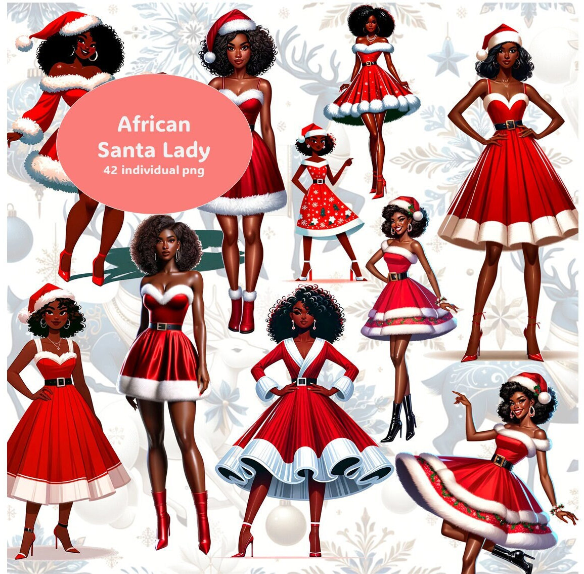 42 Black Santa Girl Bundle Sublimation Design PNG, Black Woman Png, Merry Christmas Clip Art ...