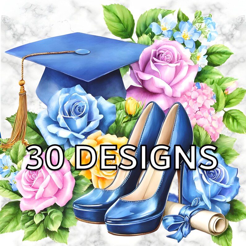 Watercolor Graduation Clipart: Blue Cap, Gown & Floral PNG (digital ...