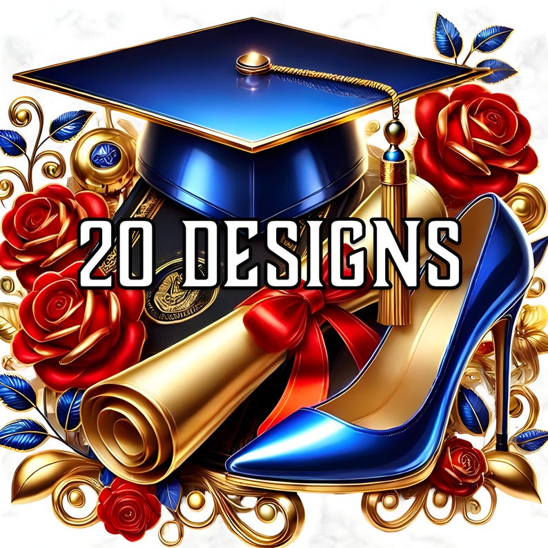 Graduation Clipart Bundle, 20 Blue Gold Cap Heels PNG, Elegant Graduate ...