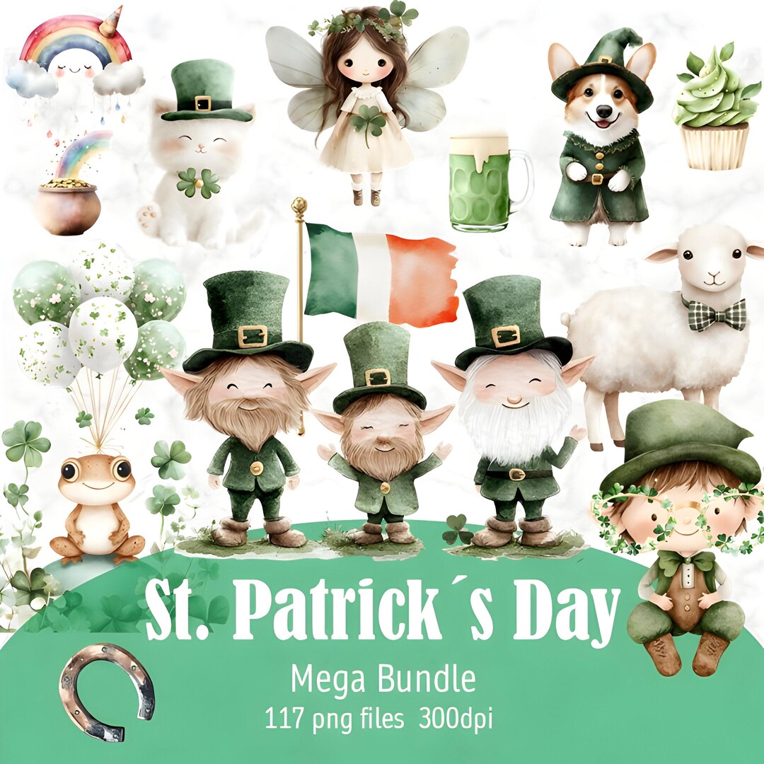 St. Patrick's Day Watercolor Clipart: Leprechauns, Shamrocks (digital ...