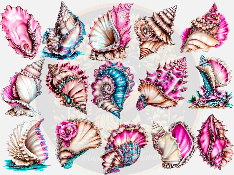 Iridescent Shells Clipart: Blue Pink Sea Life PNG (commercial Use) - Etsy