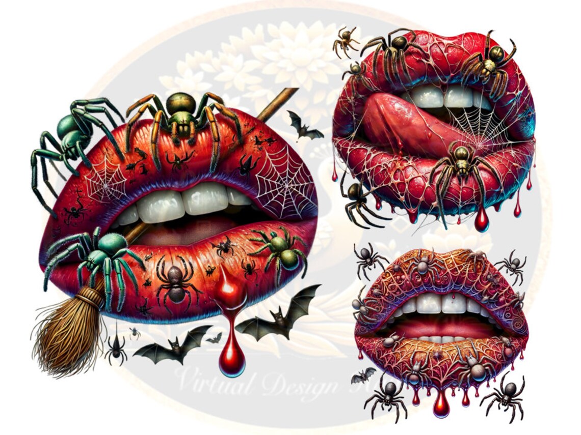 Spooky Halloween Lips Clipart: Spider, Bat, Pumpkin Designs (digital ...