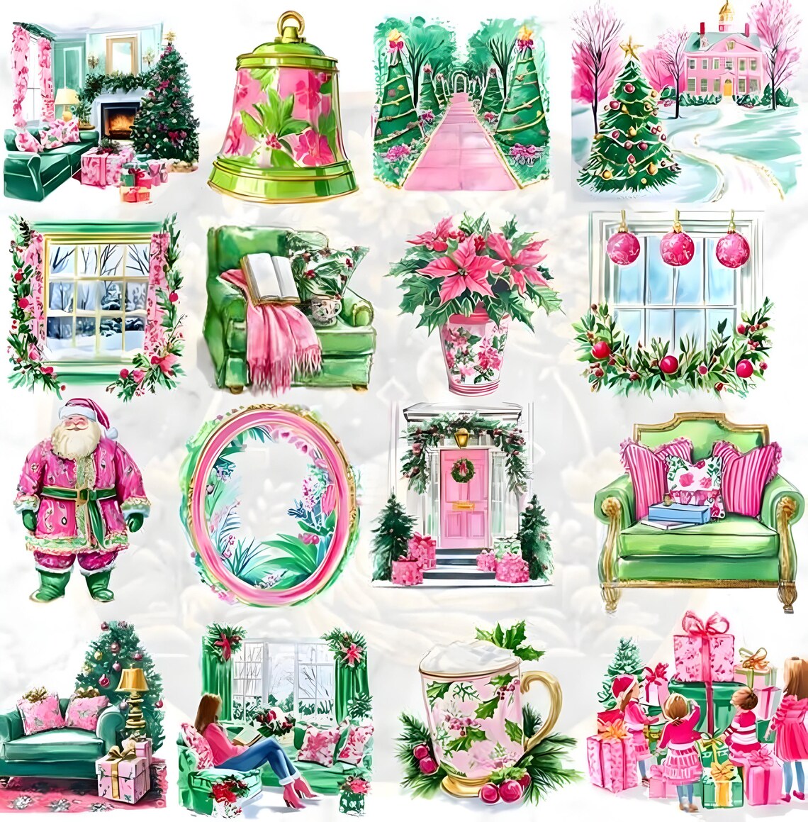 Watercolor Christmas Clipart Bundle: Pink & Green Holiday PNG, JPG ...