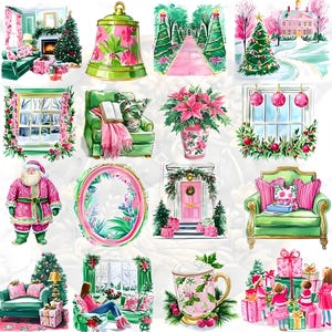 Watercolor Preppy Christmas PNG Bundle, Pink & Green Holiday Watercolor ...