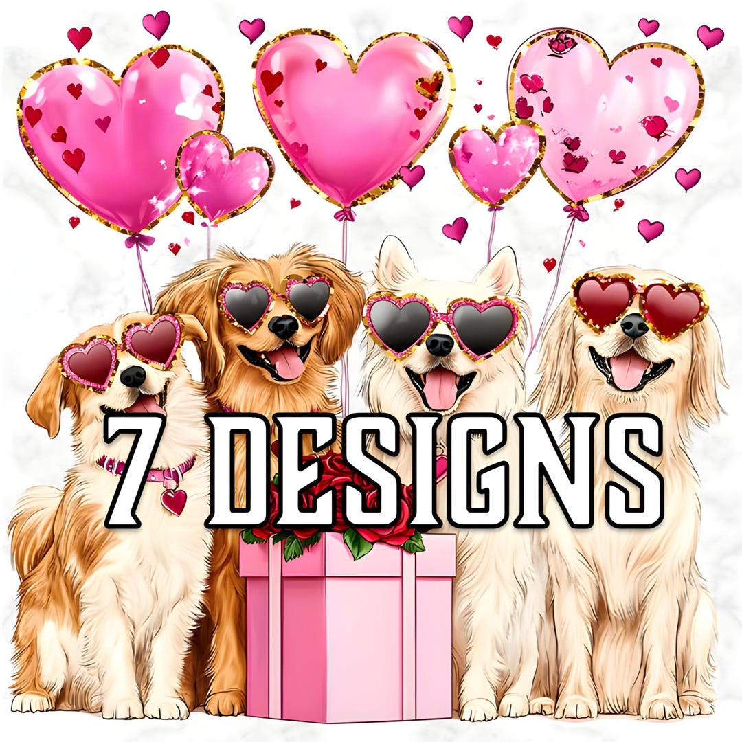 7 Valentine Dogs Clipart Set Cute Heart Balloons & Gift Box PNG ...