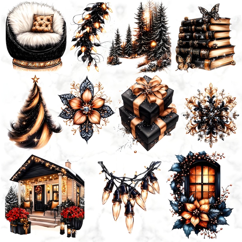 Black and Gold Christmas Clipart: Luxe Holiday PNG Bundle (digital ...