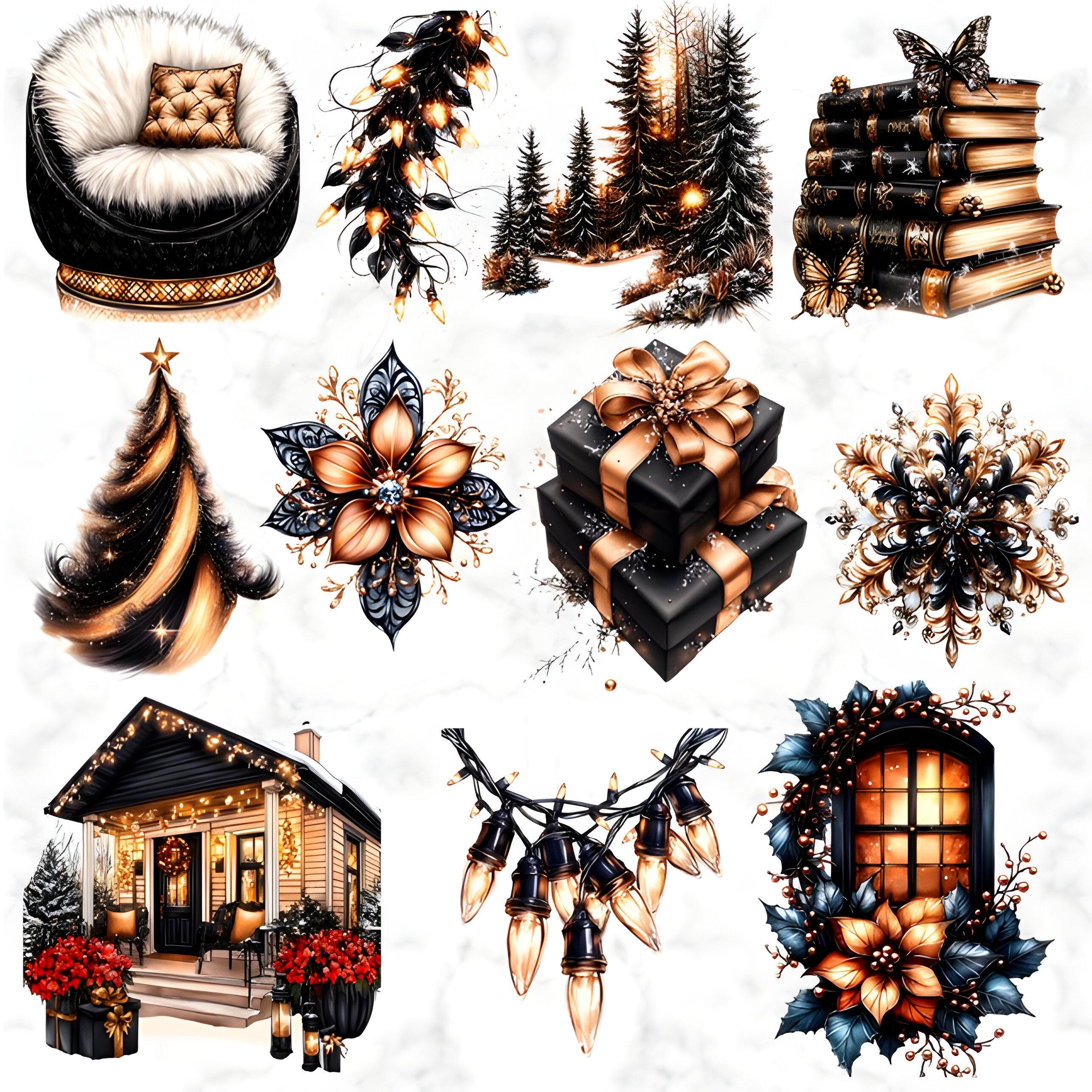 Black and Gold Christmas Clipart: Luxe Holiday PNG Bundle (digital ...