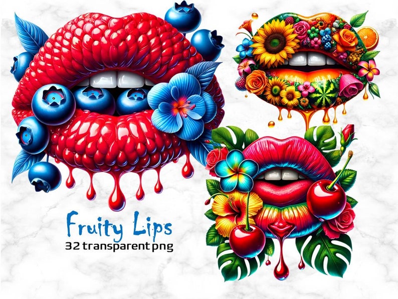 Floral Fruity Lips Clipart: Colorful Lipstick Designs (digital ...