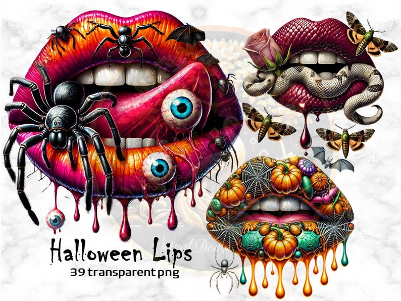 Spooky Halloween Lips Clipart: Spider, Bat, Pumpkin Designs (digital ...