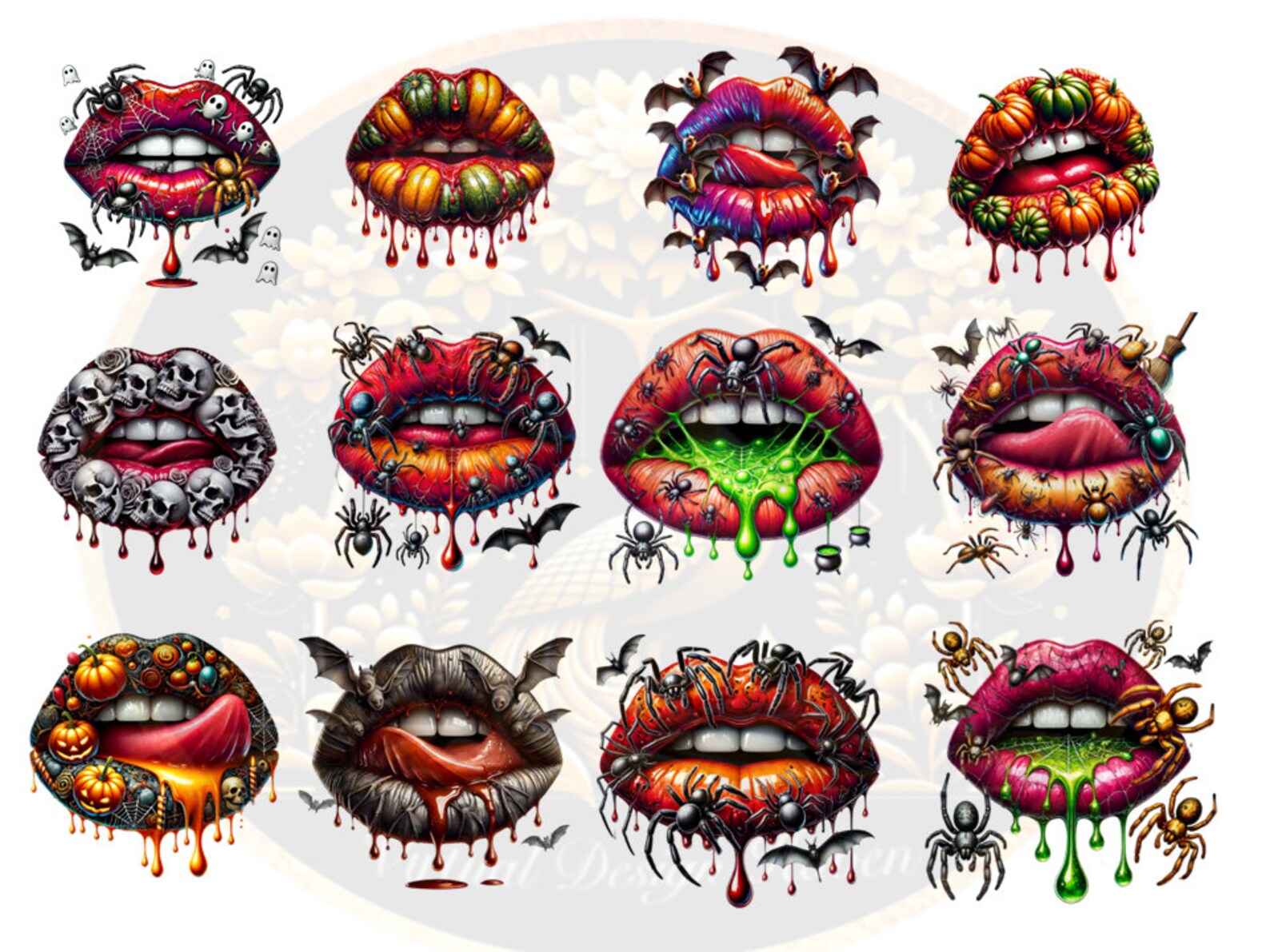 Spooky Halloween Lips Clipart: Spider, Bat, Pumpkin Designs (digital ...