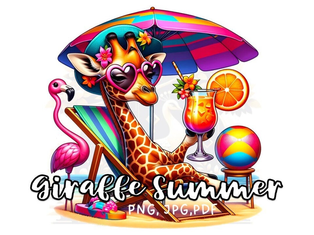 Summer Giraffe PNG Clipart: Whimsical Beach Vacation Art (digital ...