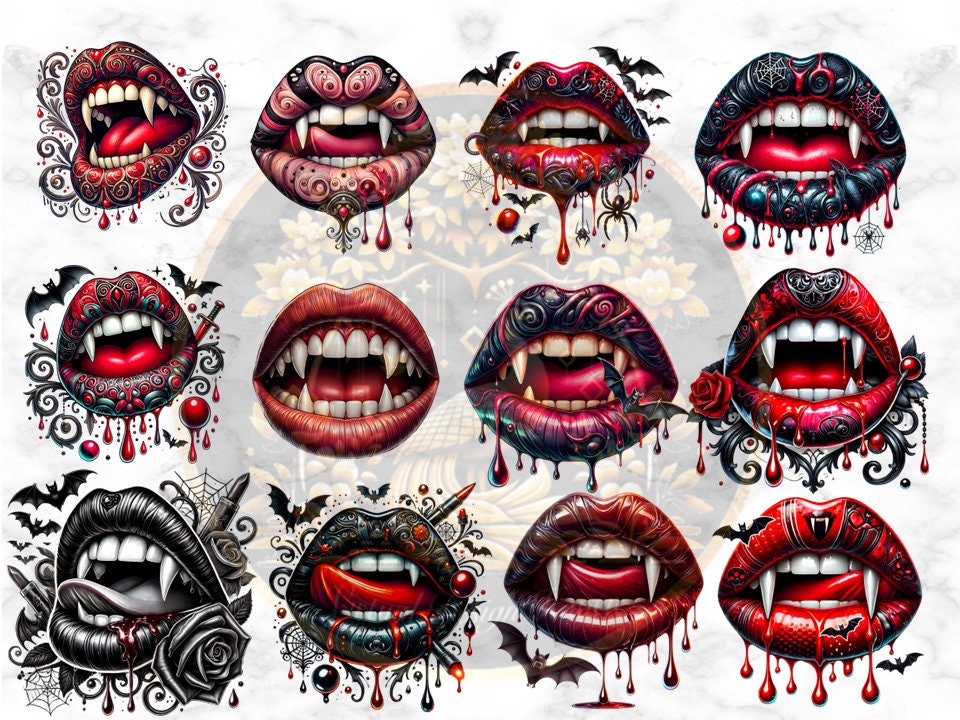 Vampire Lips Clipart, Gothic Blood Fangs PNG, Sublimation Design ...