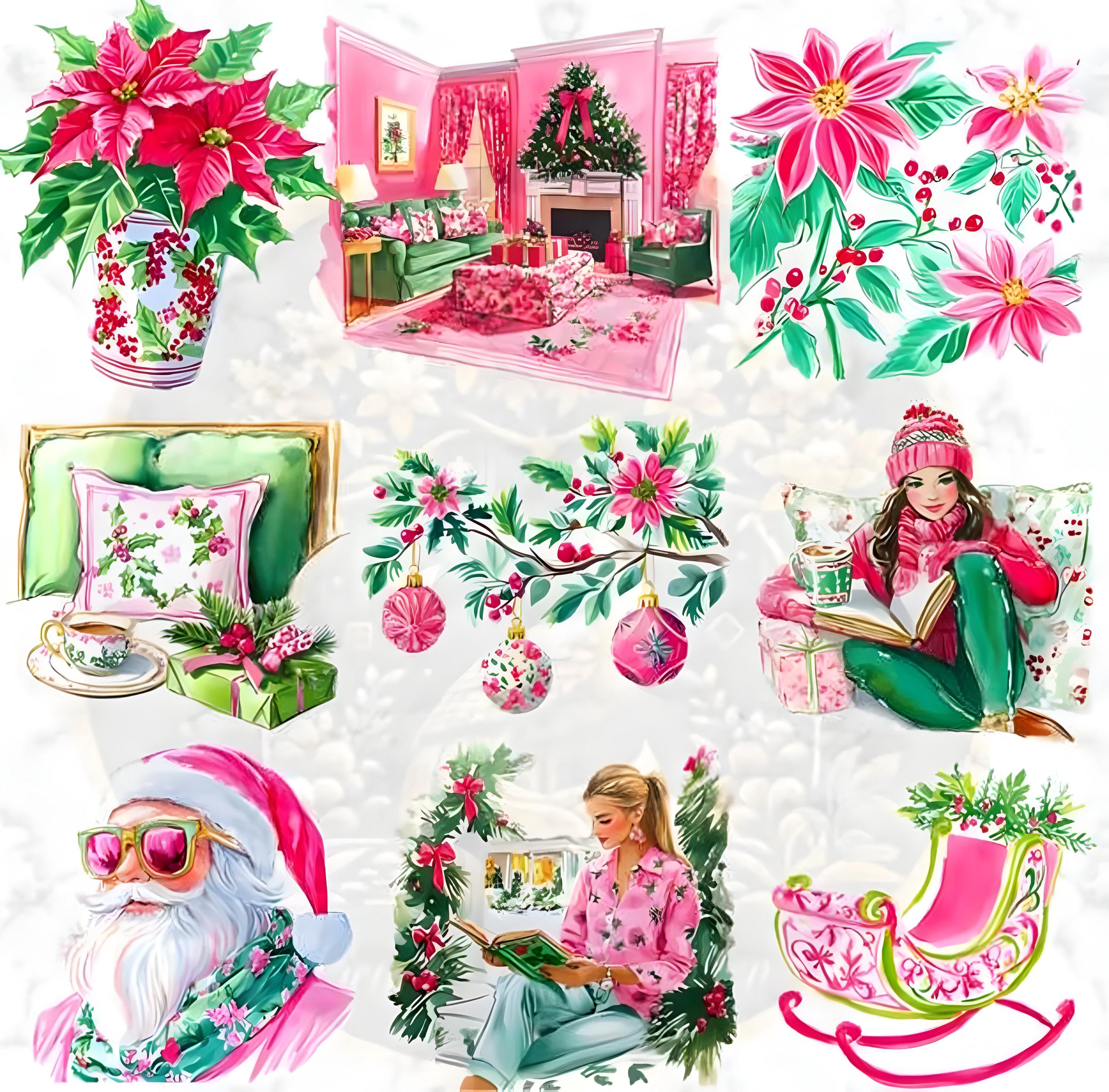 Watercolor Christmas Clipart Bundle: Pink & Green Holiday PNG, JPG ...