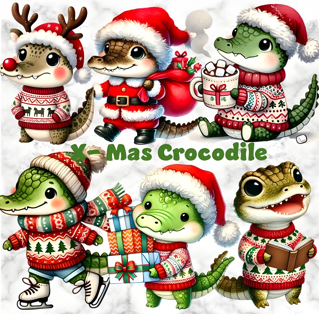 Watercolor Christmas Crocodile Clipart: Festive Alligator Graphics ...