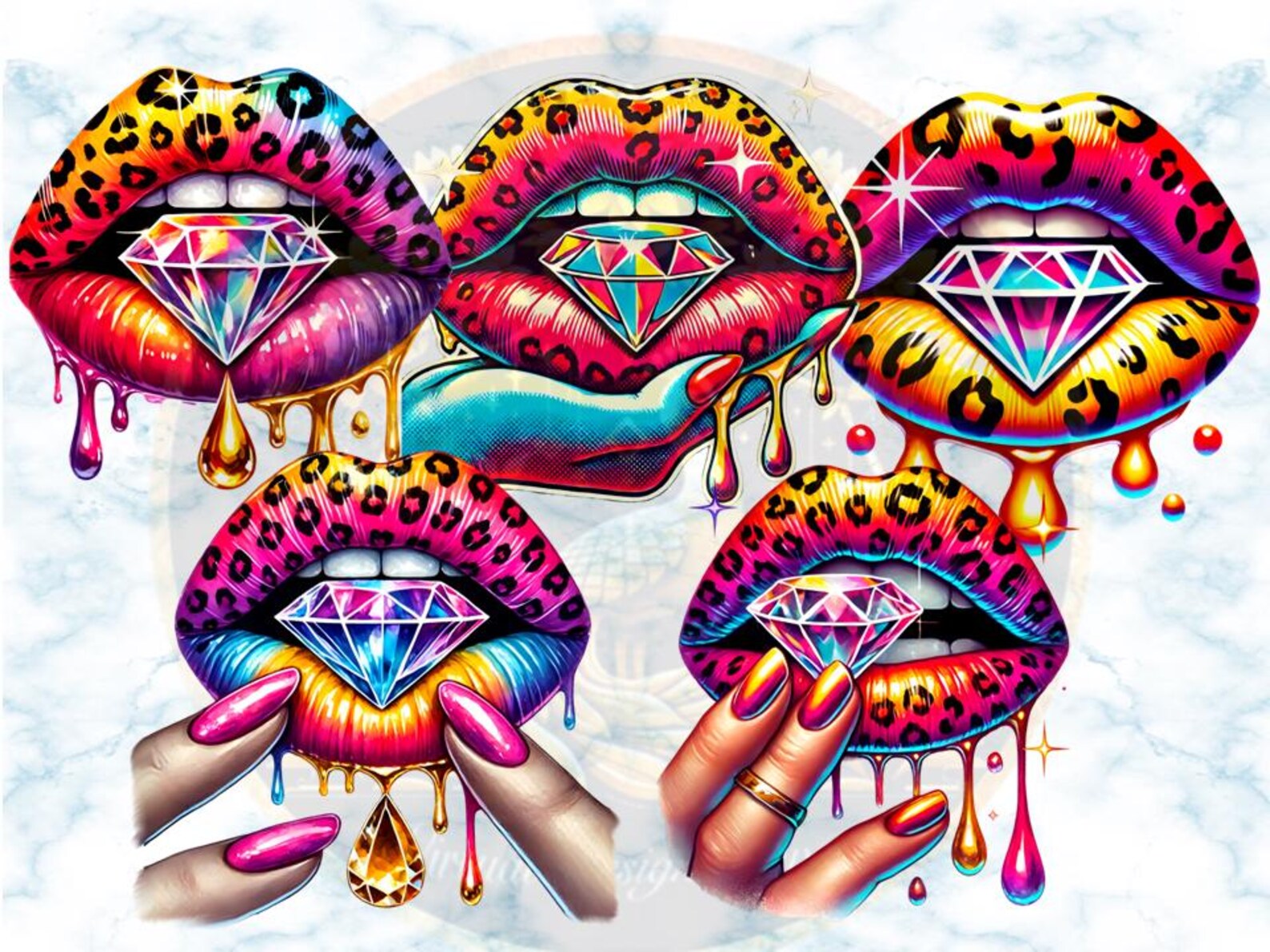 Rainbow Leopard Lips Clipart Bundle | Vibrant Watercolor Dripping Lips ...