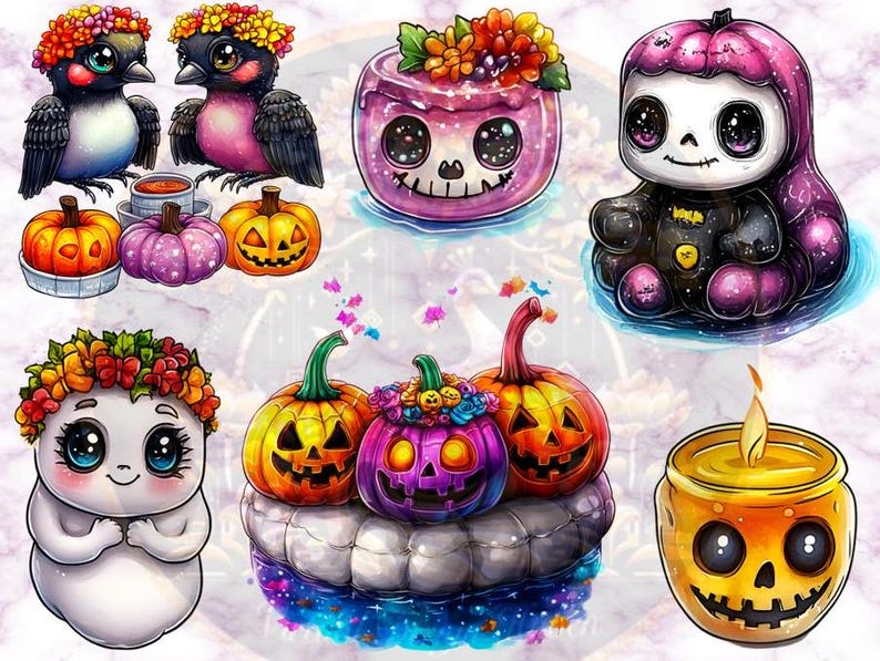 Colorful Halloween Clipart Set, Kawaii Spooky Graphics, Digital ...