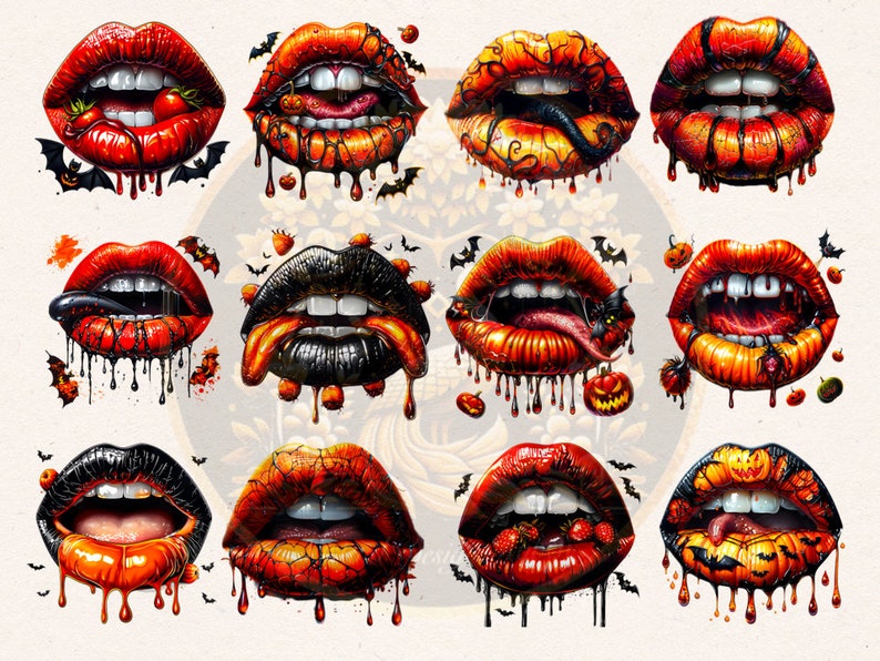 Halloween Lips Clipart: Spooky Spider, Bats & Pumpkin Designs (PNG ...